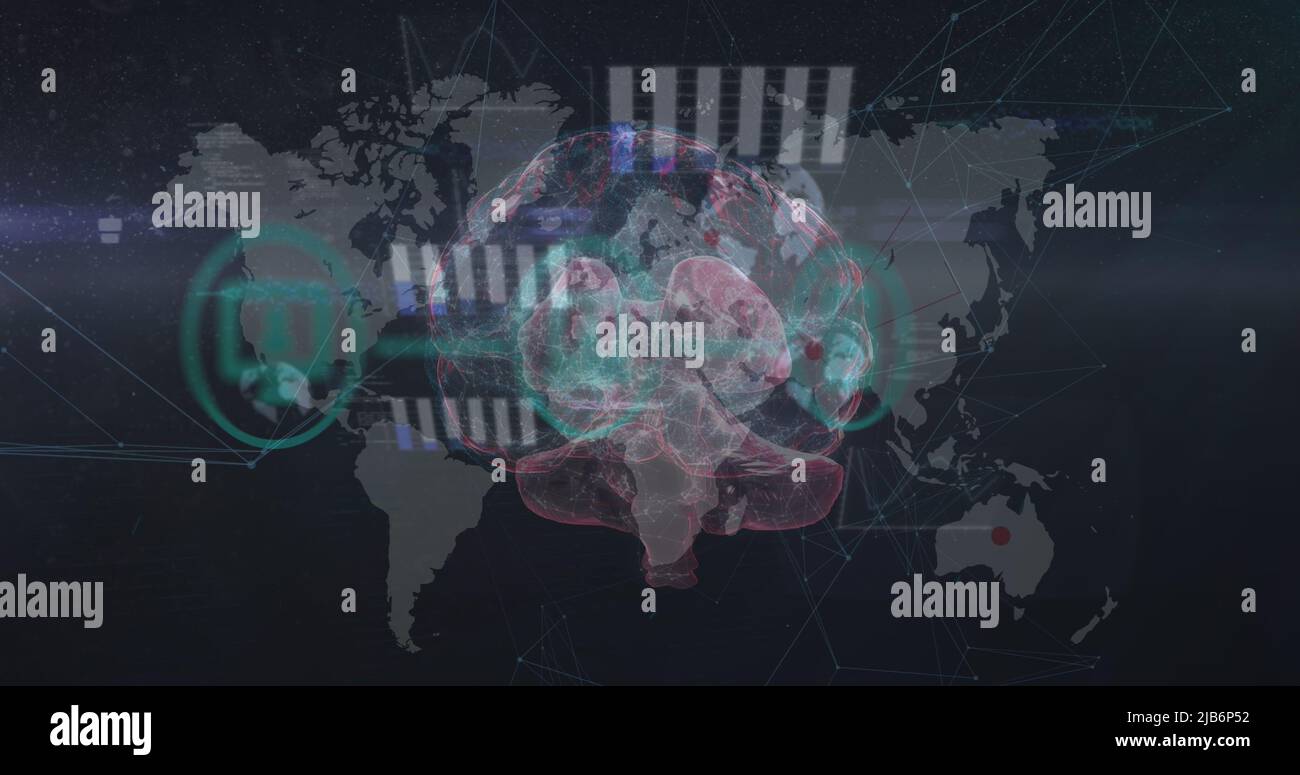 Image of icons, data and rotating brain over world map Stock Photo - Alamy