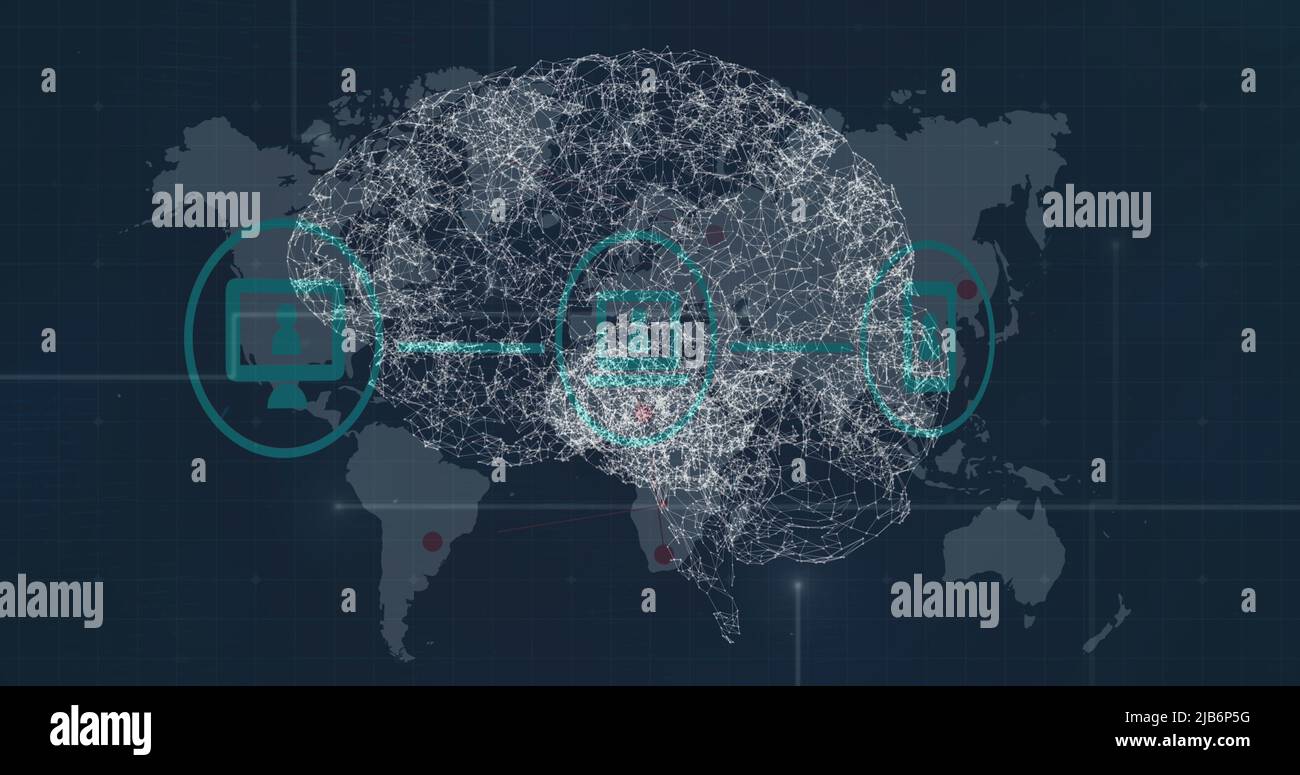 Image of rotating brain with connections over icons and world map Stock ...