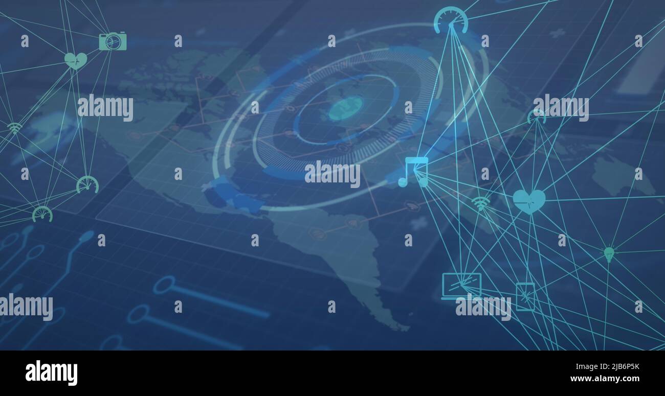 Image of network of connections over world map and processing circle ...