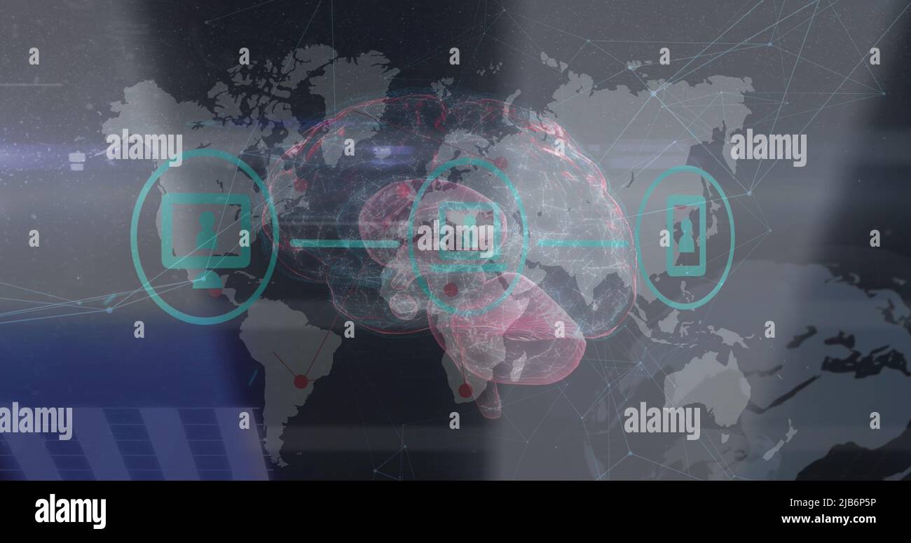 Image of icons, data and rotating brain over world map Stock Photo - Alamy