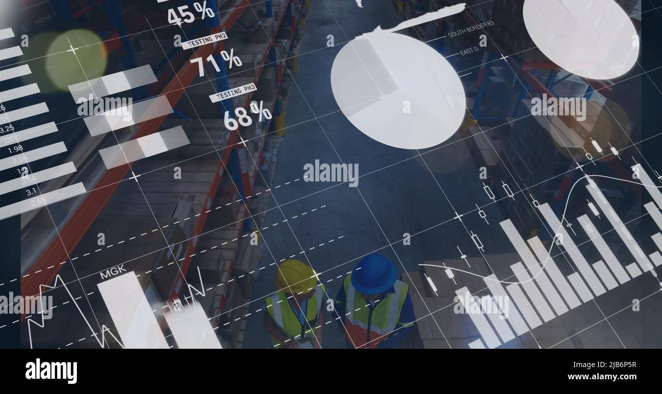 Image of graphs and financial data over caucasian male warehouse ...