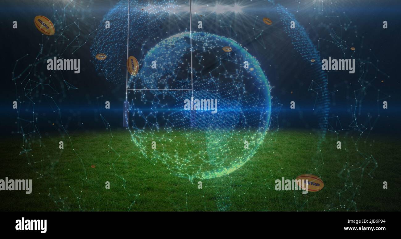Romania print on rugby balls falling over globe of network of ...