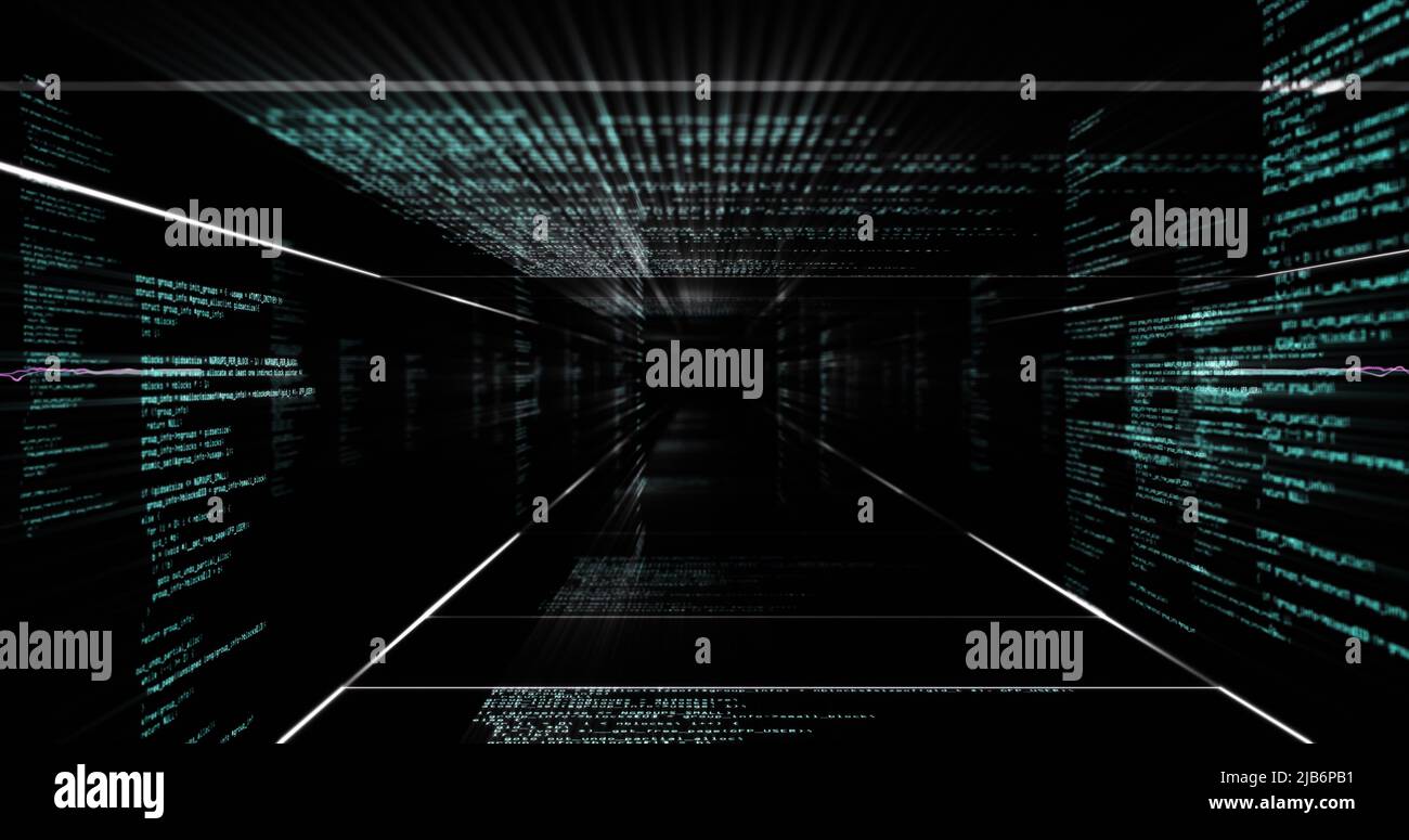 Image of data processing and light trails over black background Stock ...