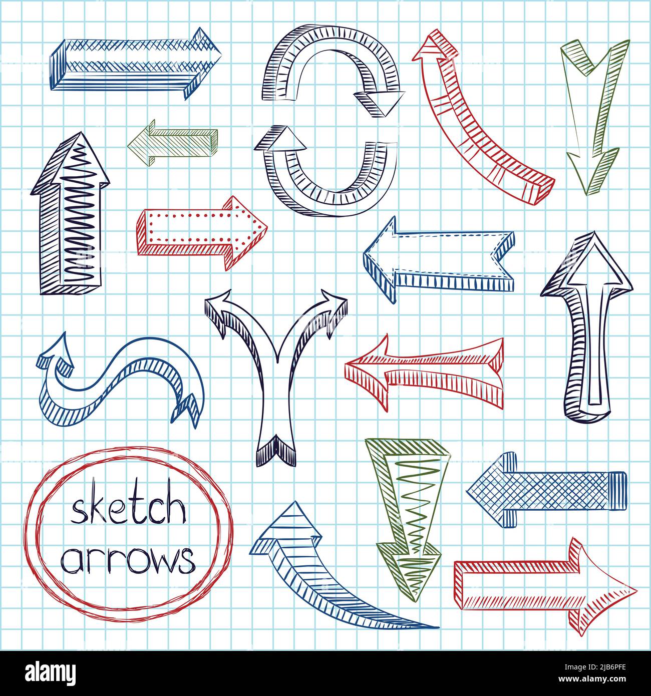 Colored navigation arrows on squared notebook background sketch pencil ...
