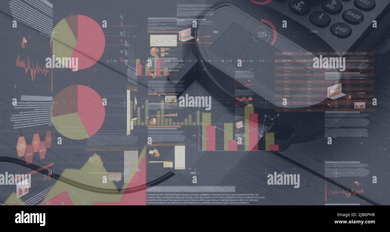 Image of graphs and financial data over payment terminal Stock Photo ...