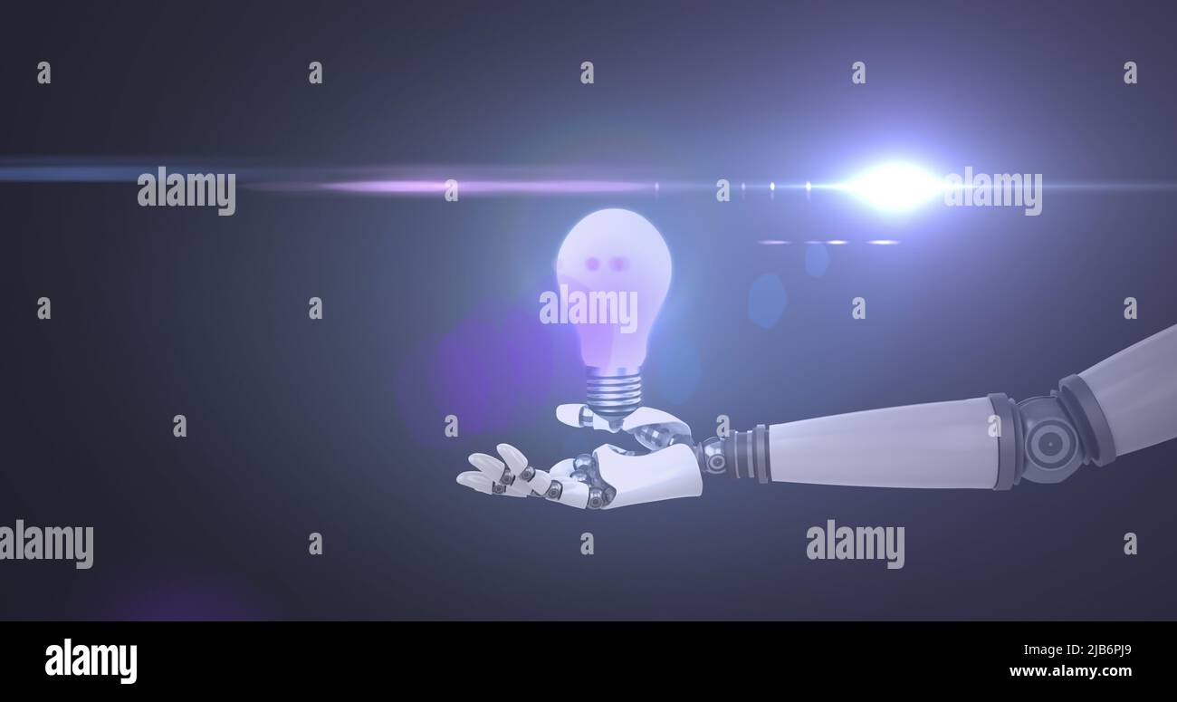 Image of illuminated light bulb over hand of robot arm, with moving ...