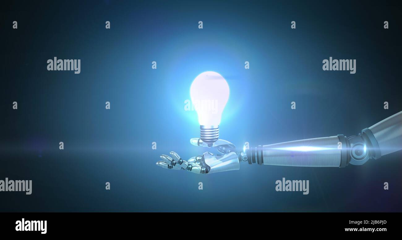 Image of illuminated light bulb over hand of robot arm, with moving ...