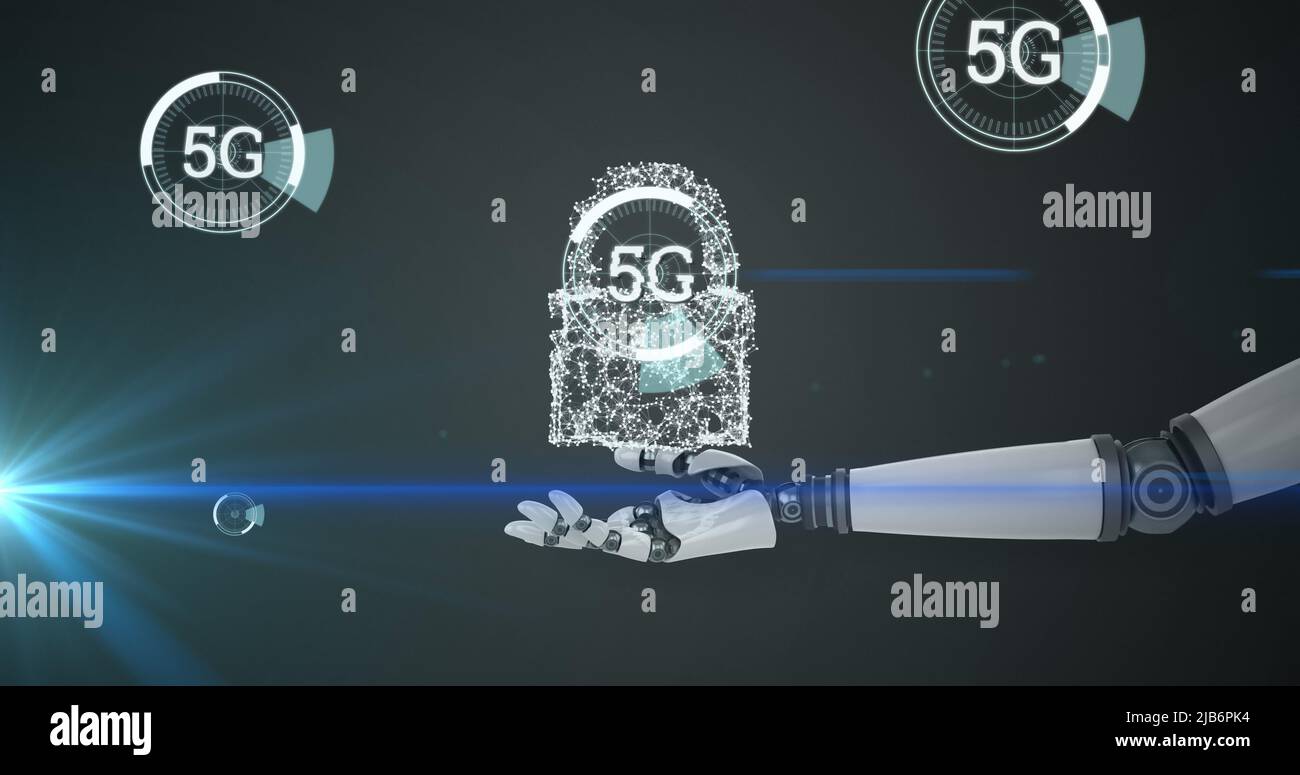 Image of netwocloud and security symbols over hand of robot arm, with ...
