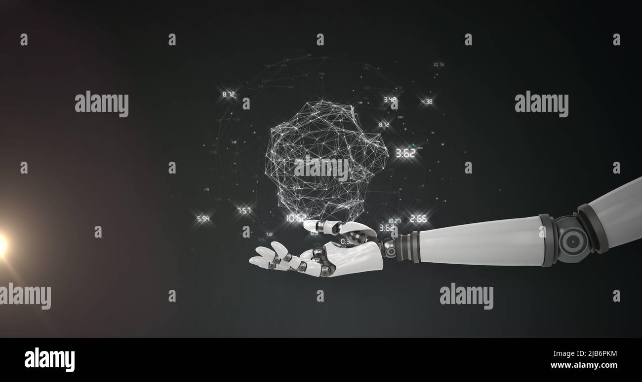 Image of network of processing data over hand of robot arm, on black ...