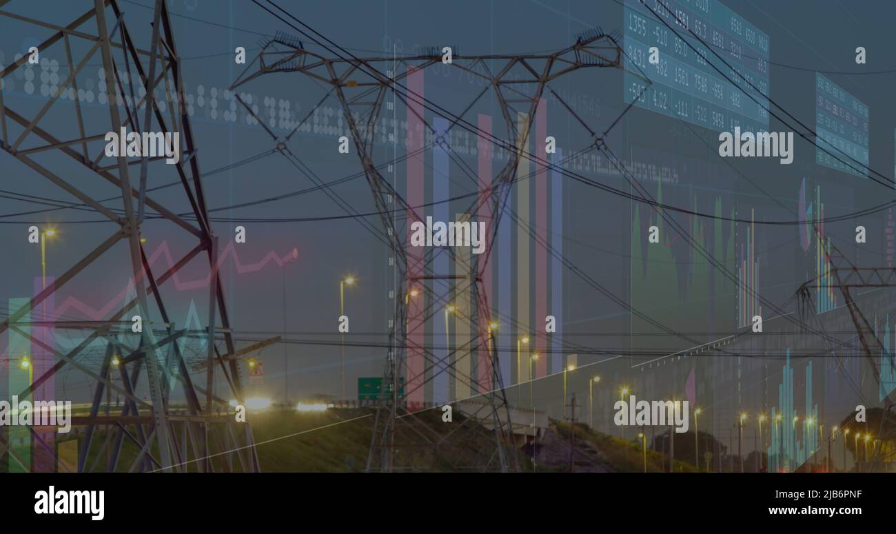 Image of financial data processing over electricity pylons and ...