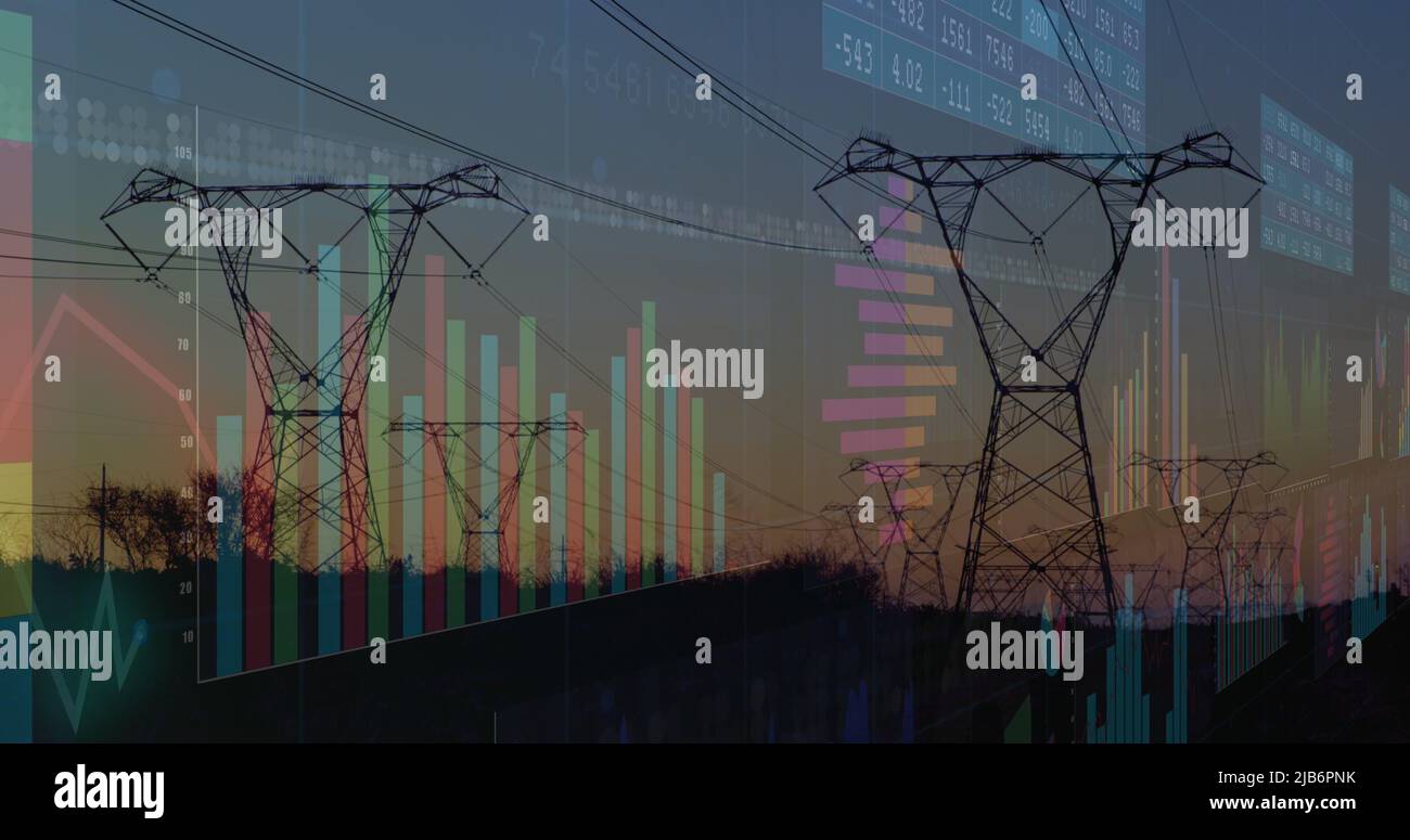 Image of financial data processing over electricity pylons and ...