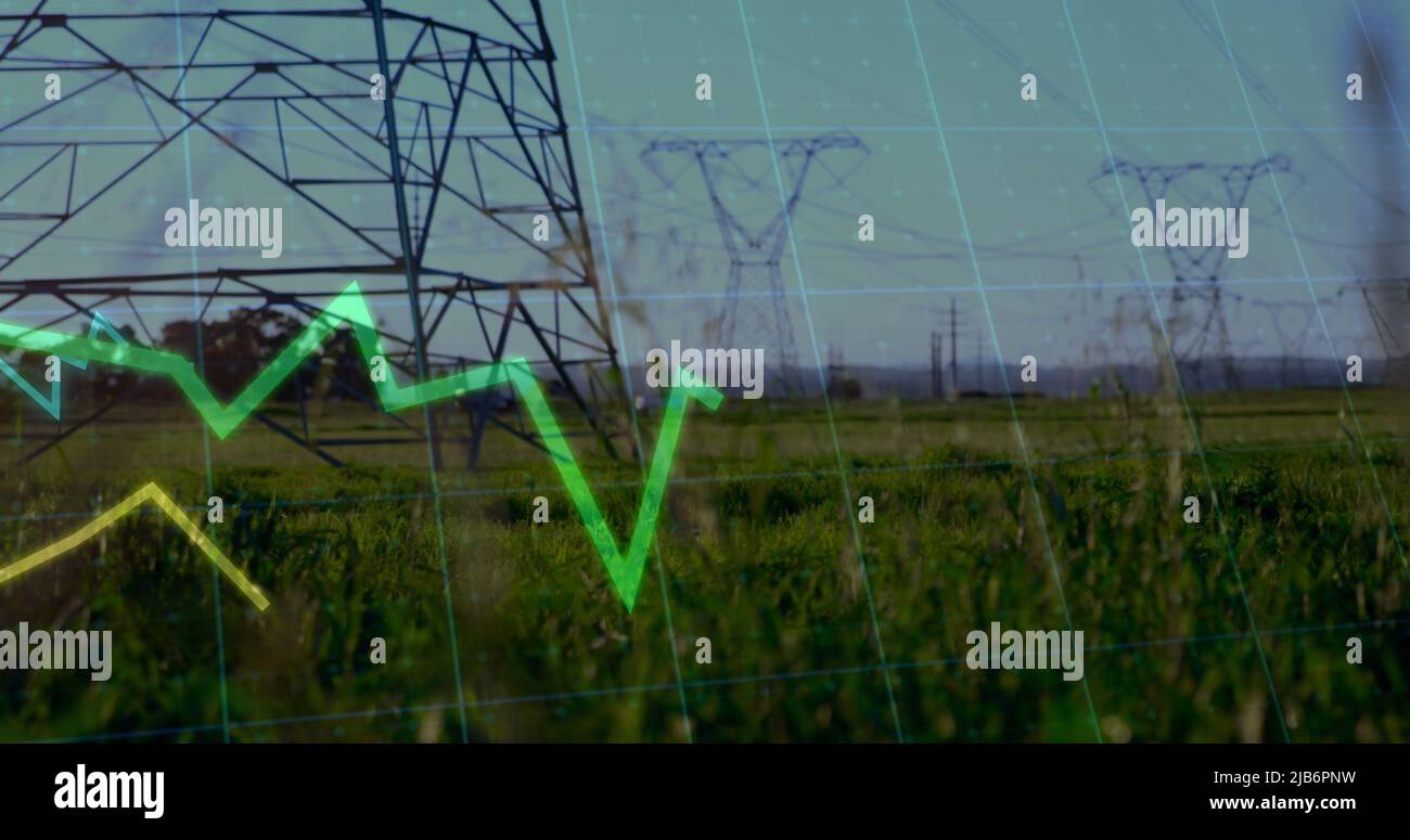 Image of financial data processing over electricity pylons and ...