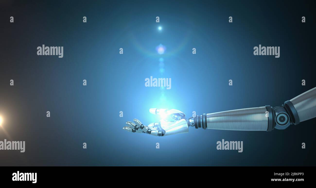 Image of blue light with lens flare over hand of robot arm, on blue ...