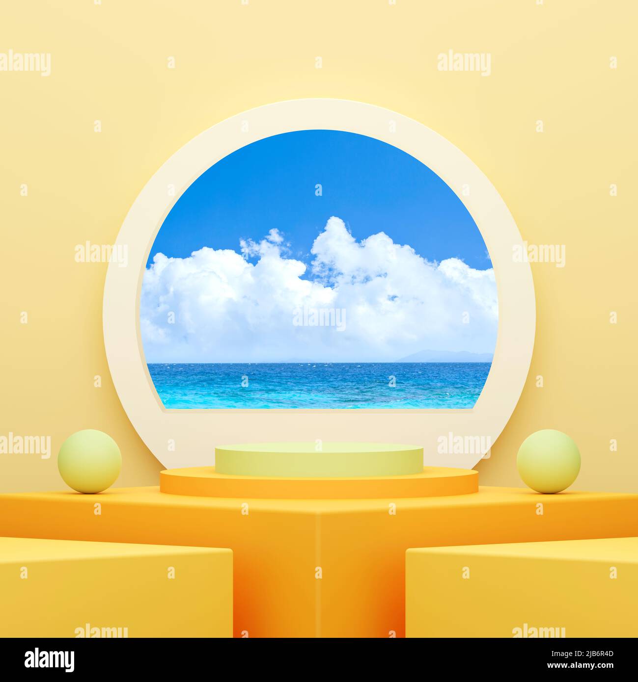 yellow podium on stage with yellowish green platform on sky background ...