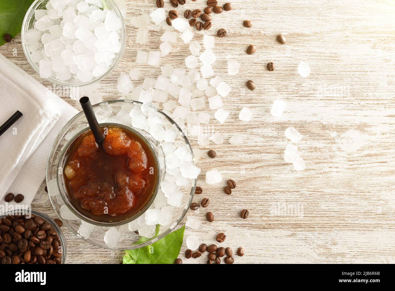 Background with detail of iced coffee drink with a lot of ice on a ...