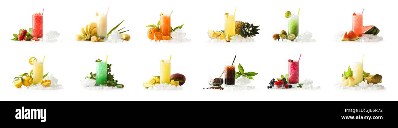 Well decorated iced fruit drink collection on white isolated background ...