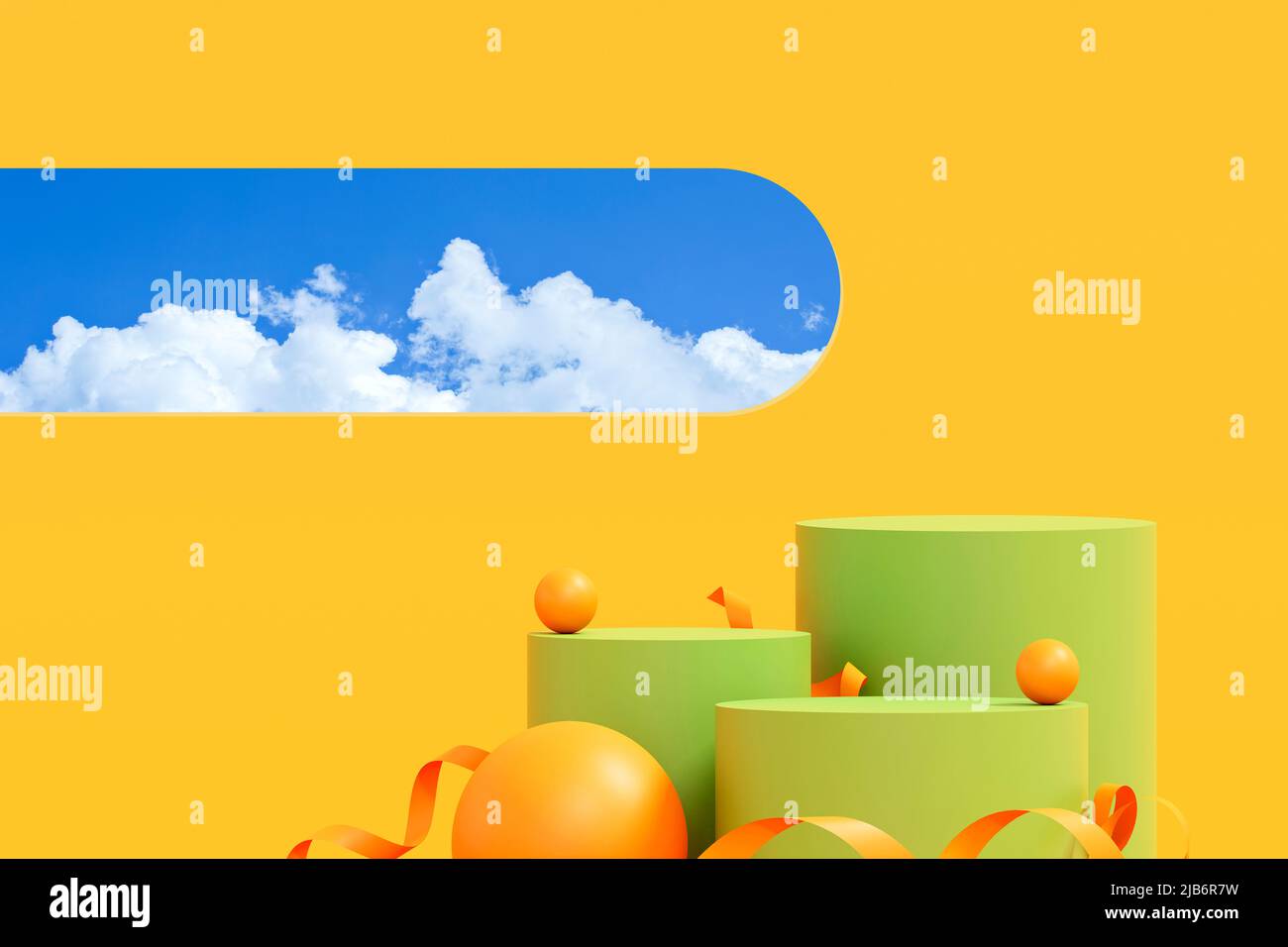 yellow podium on stage with yellowish green platform on sky background ...