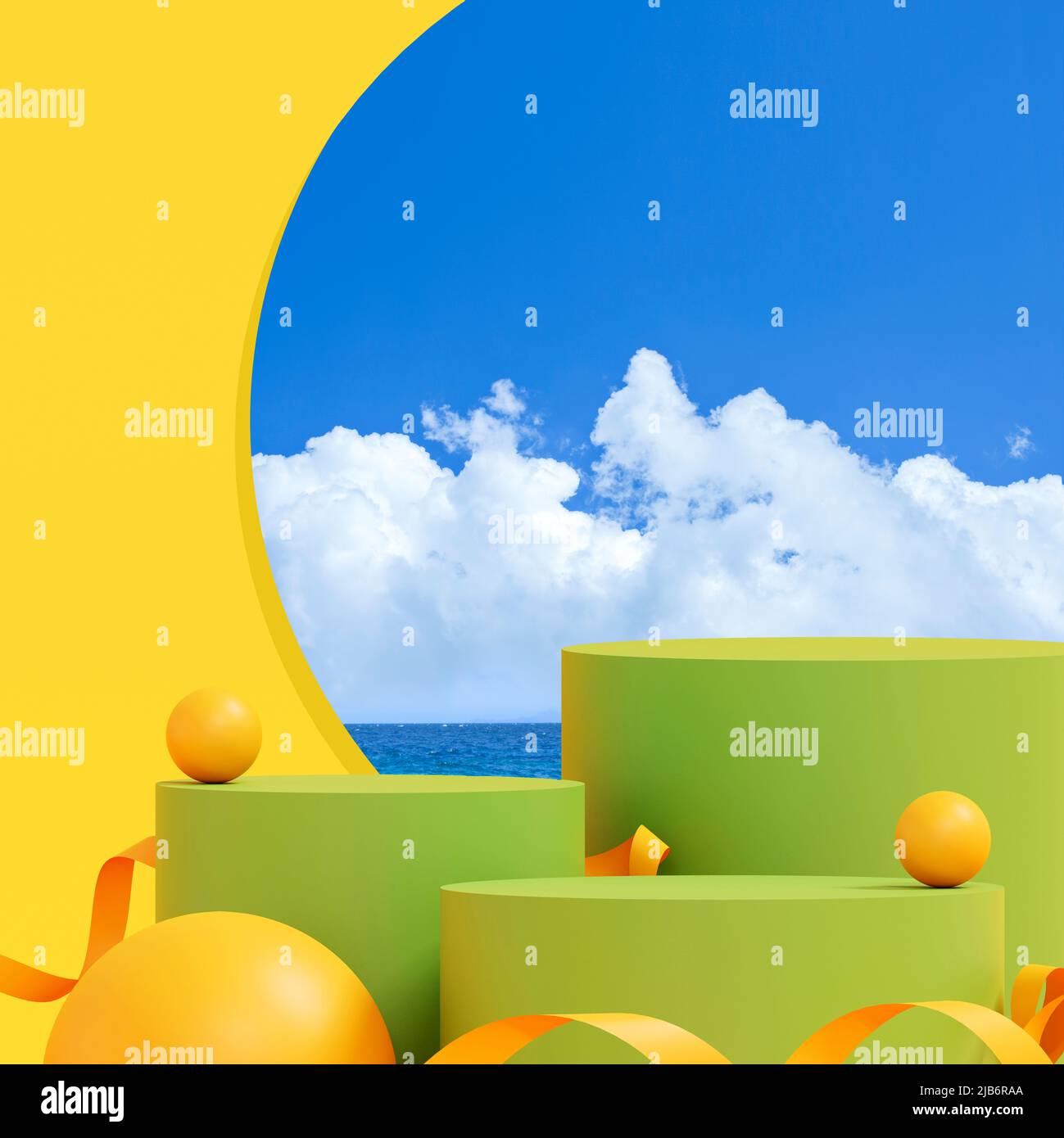 yellow podium on stage with yellowish green platform on sky background ...