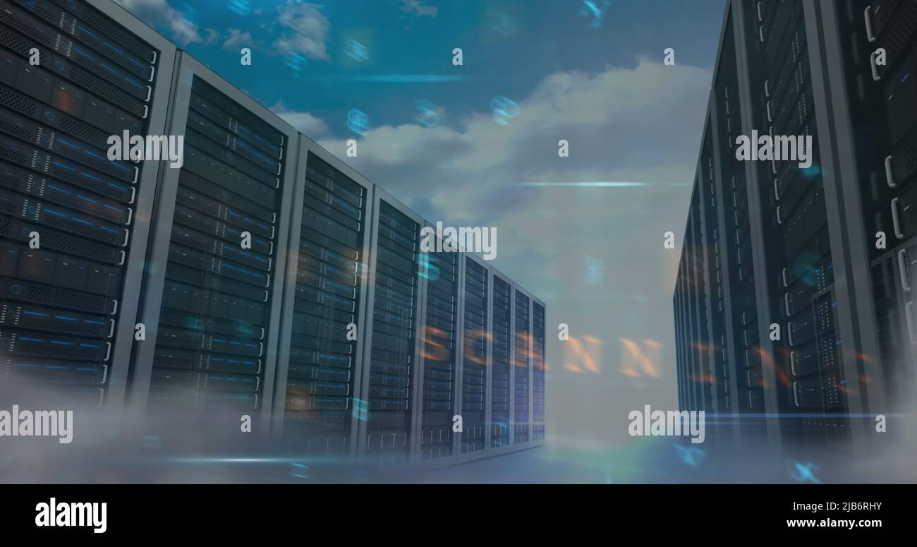Image of cyberattack over server room and sky Stock Photo - Alamy