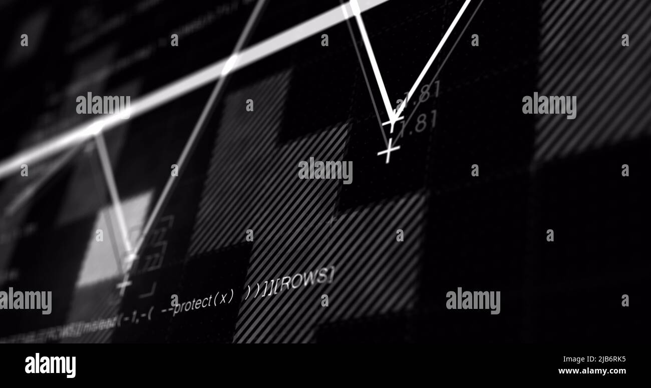 Image of graph and data over black background with white shapes Stock ...