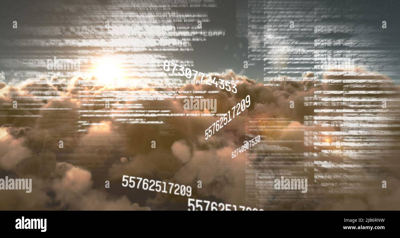 Image of numbers and computer code processing over sunset sky Stock Photo - Alamy
