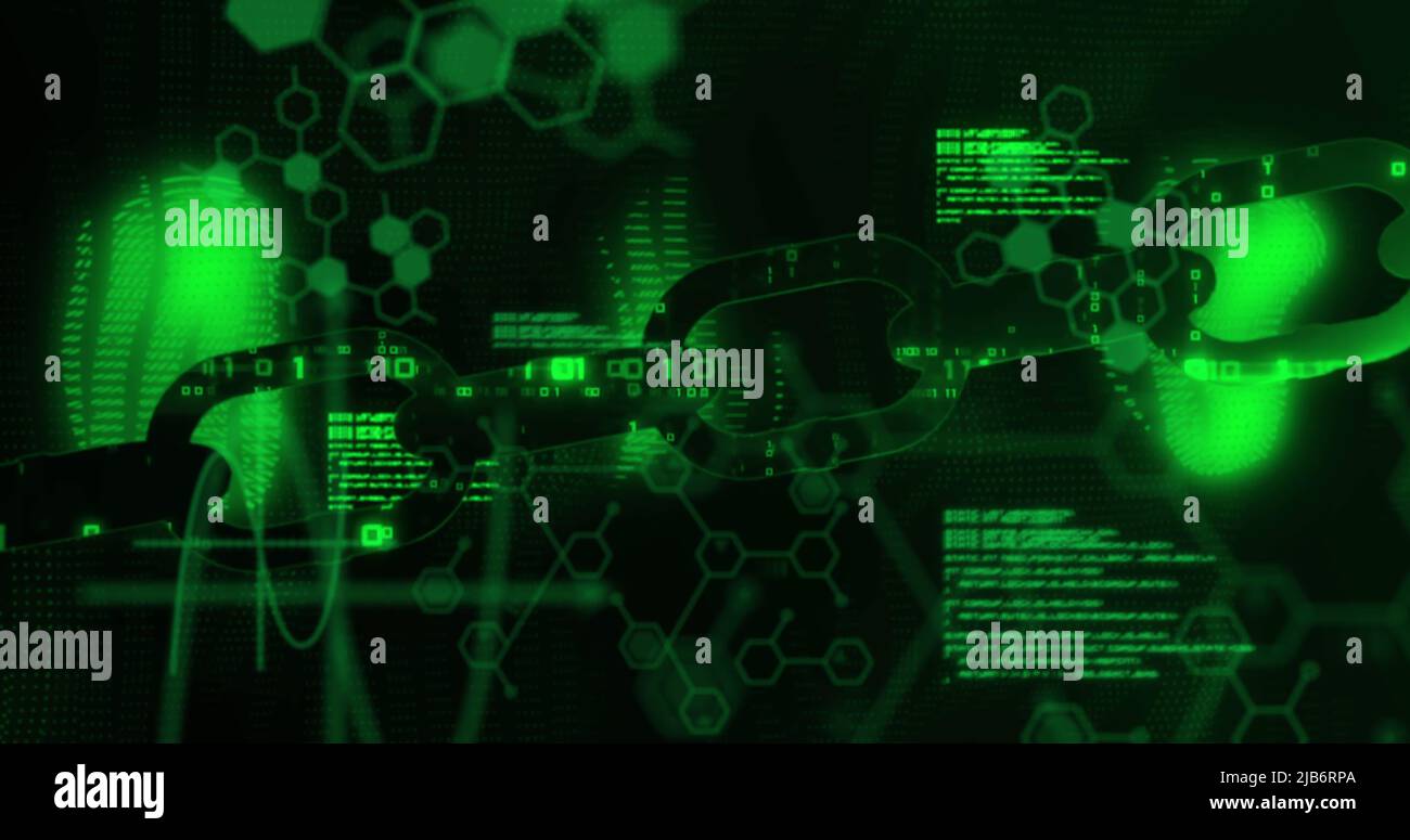 Neon green security chain icon over chemical structures and data ...