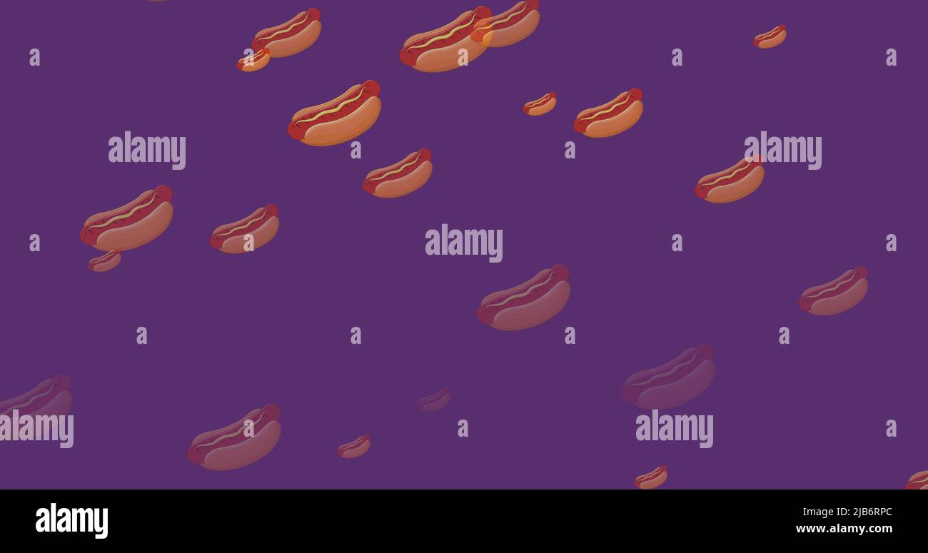 Image of falling hot dogs icons on purple background Stock Photo - Alamy