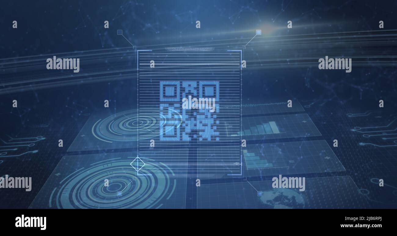 Image of qr code data scanning and processing over blue grid with scopes scanning and diagrams ...