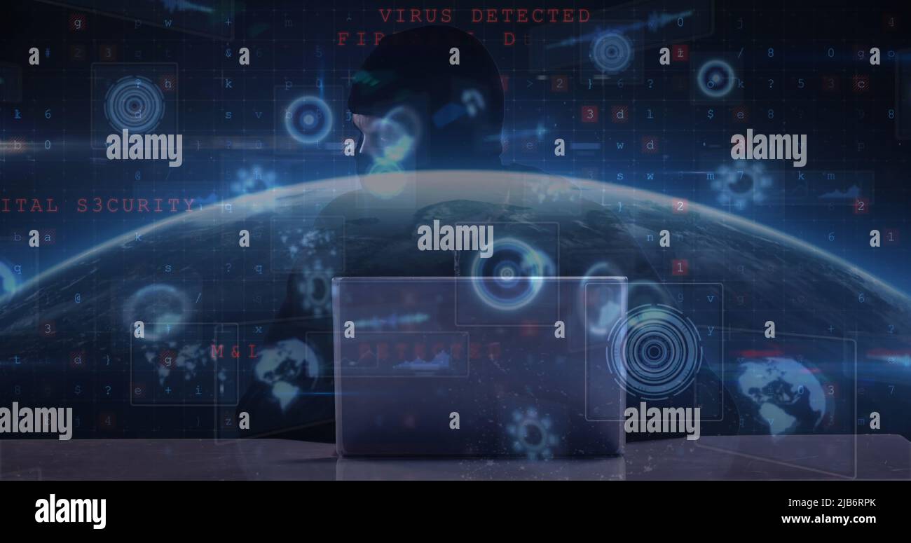 Image of cyber attack warning and scopes scanning over hacker using ...