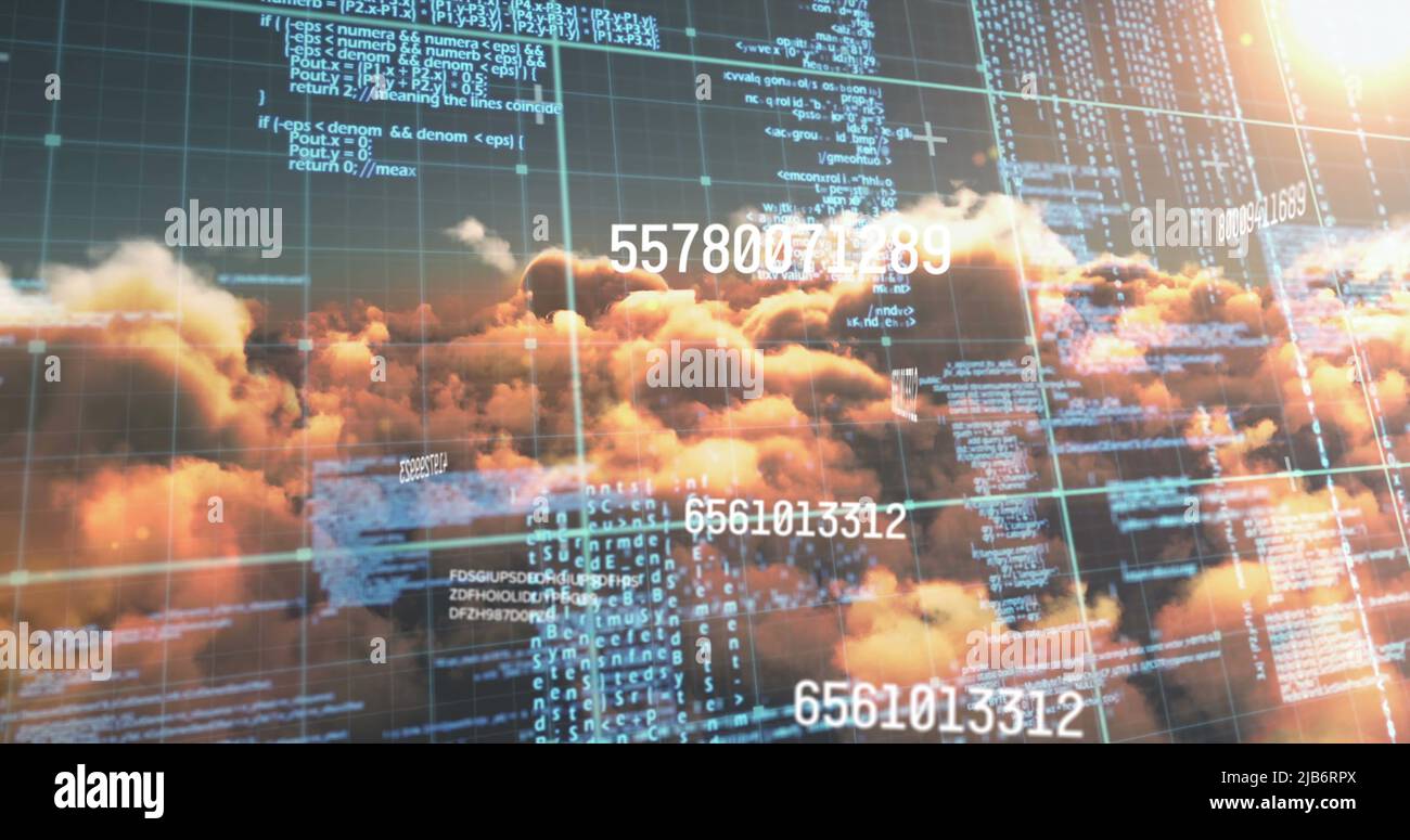 Image of numbers and computer code processing over sunset sky Stock ...