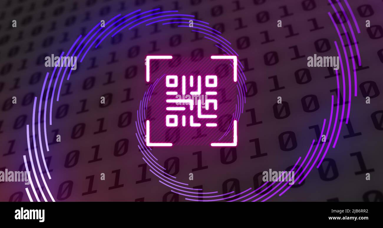 Image of qr code and spinning purple shapes over binary coding Stock Photo - Alamy