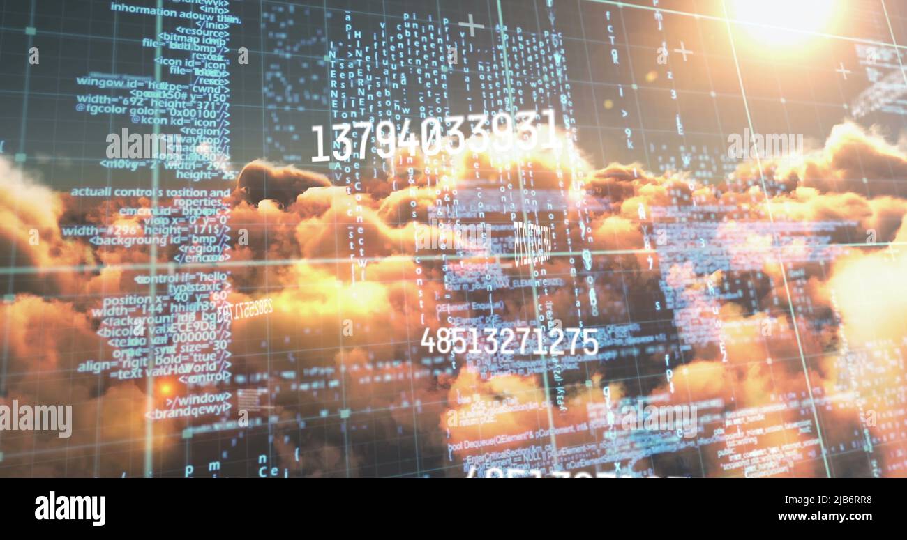 Image of numbers and computer code processing over sunset sky Stock ...