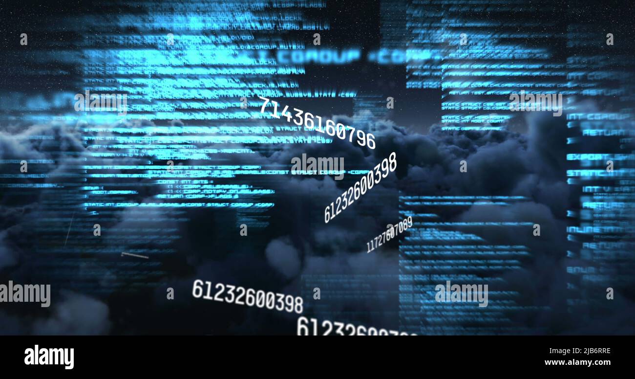 Image of blue numbers and computer code processing over cloudy sky ...