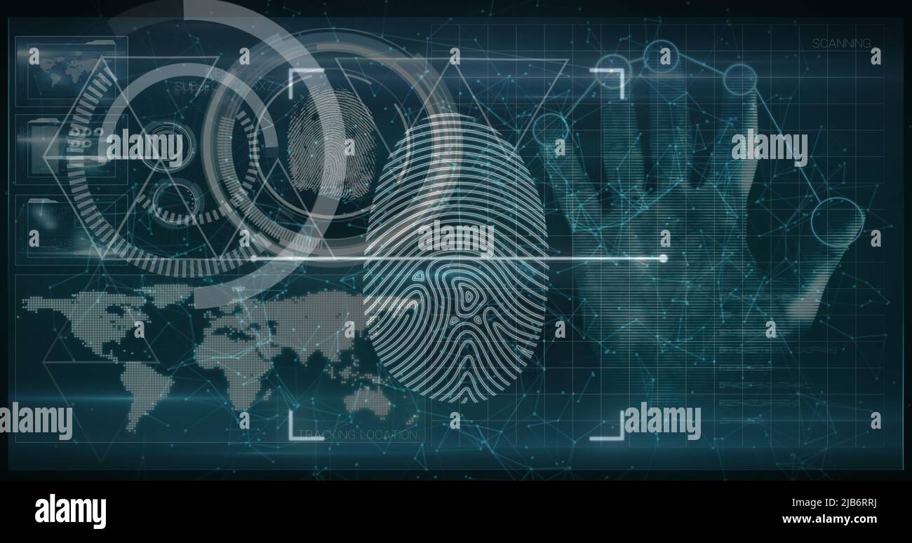 Human hand scanning over fingerprint biometric scanner against world ...