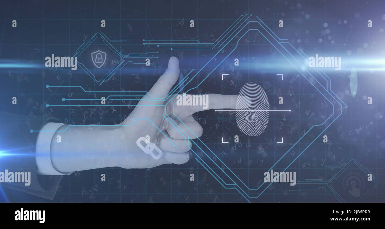 Human hand scanning over fingerprint biometric scanner against blue ...