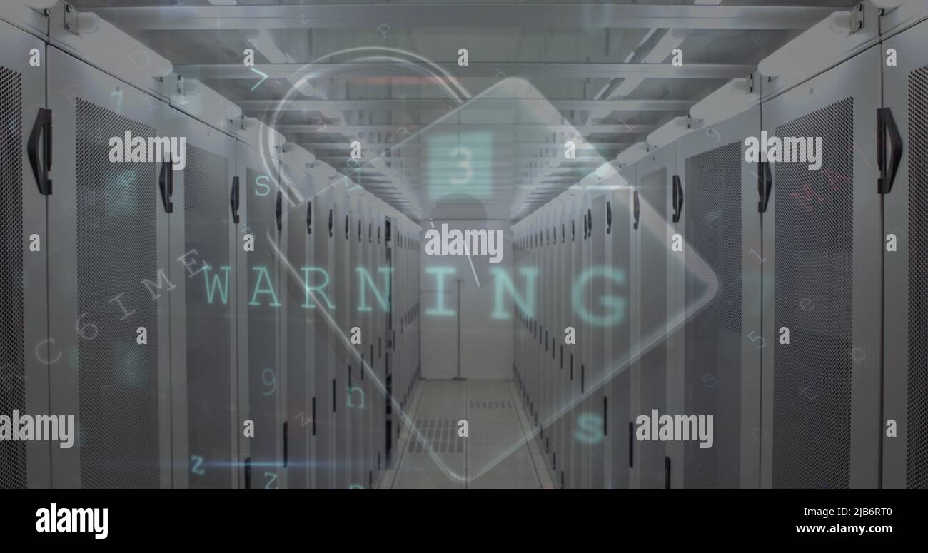 Image of data processing with cyber attack warning over padlock and computer servers Stock Photo ...
