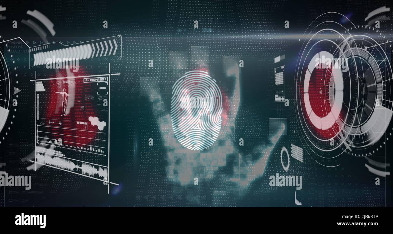 Human hand scanning over biometric scanner against digital interface ...