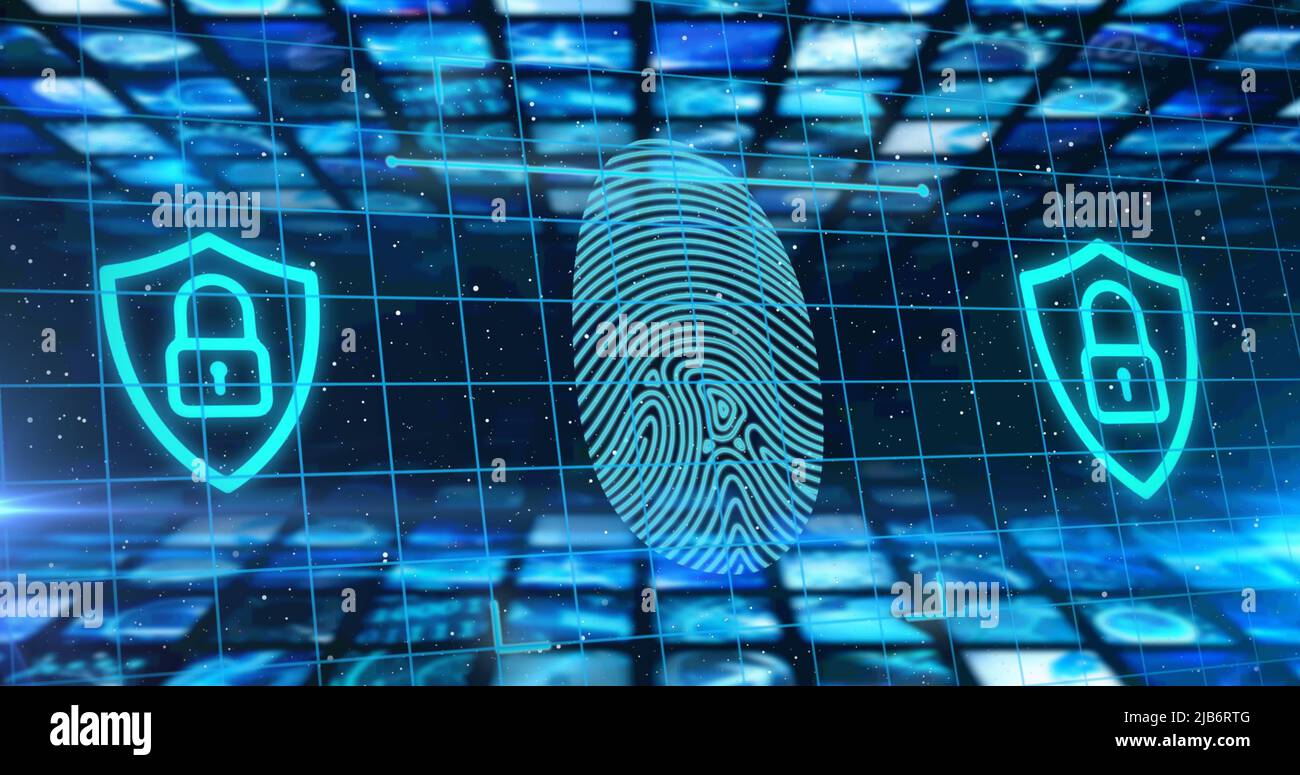 Security padlock and biometric fingerprint scanner over grid network against blue background ...