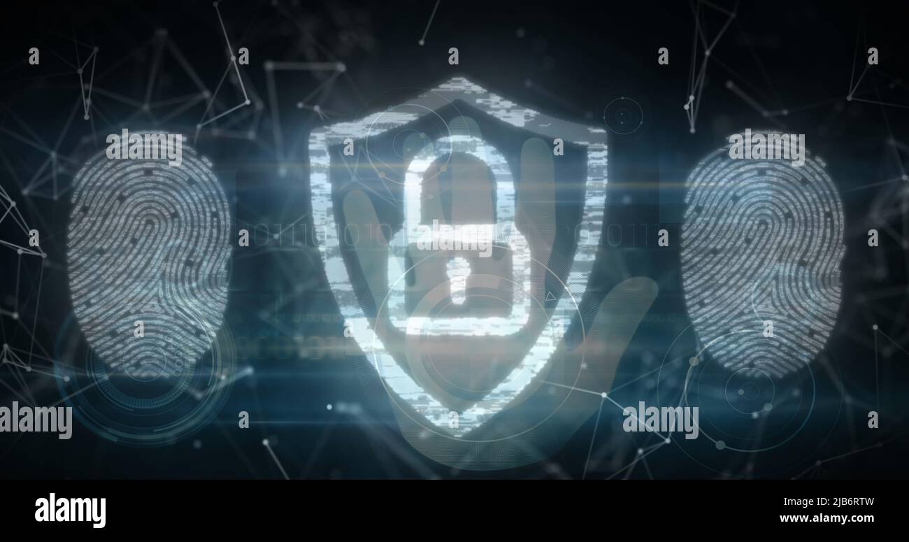 Security padlock icons and human hand scanning over fingerprint ...