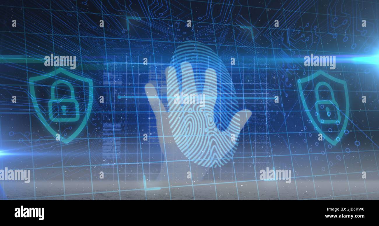 Human hand scanning over biometric scanner against security padlock and microprocessor ...