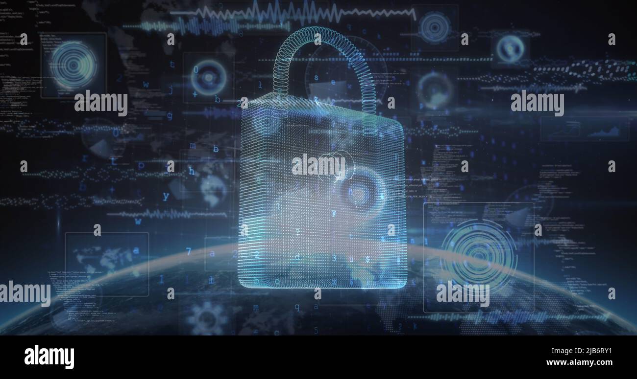 Image of online security padlock over scopes scanning and data processing Stock Photo - Alamy