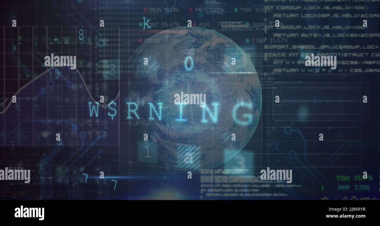 Image of cyber attack warning over globe and data processing Stock Photo - Alamy