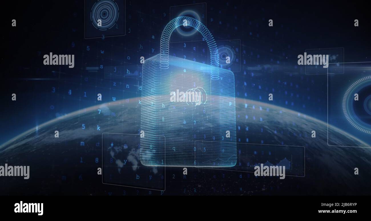 Image of online security padlock over scopes scanning and data processing Stock Photo - Alamy