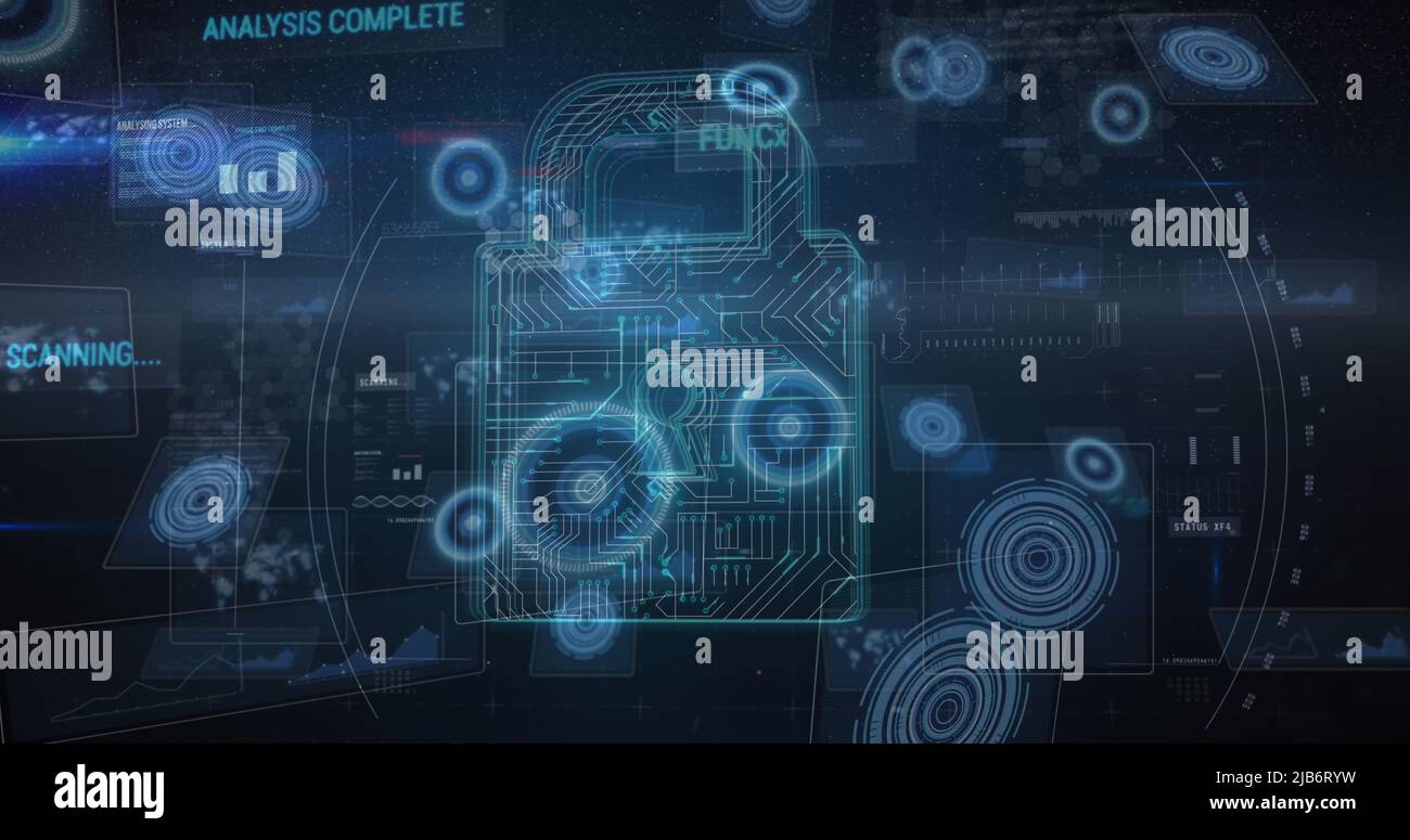 Image of online security padlock over scopes scanning and data processing Stock Photo - Alamy