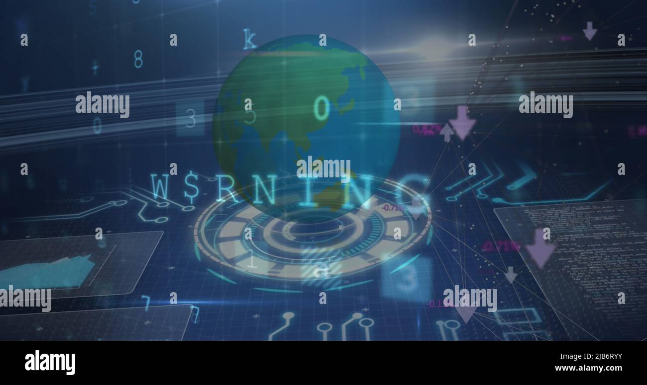 Image of cyber attack warning over globe, scope scanning and data processing Stock Photo - Alamy