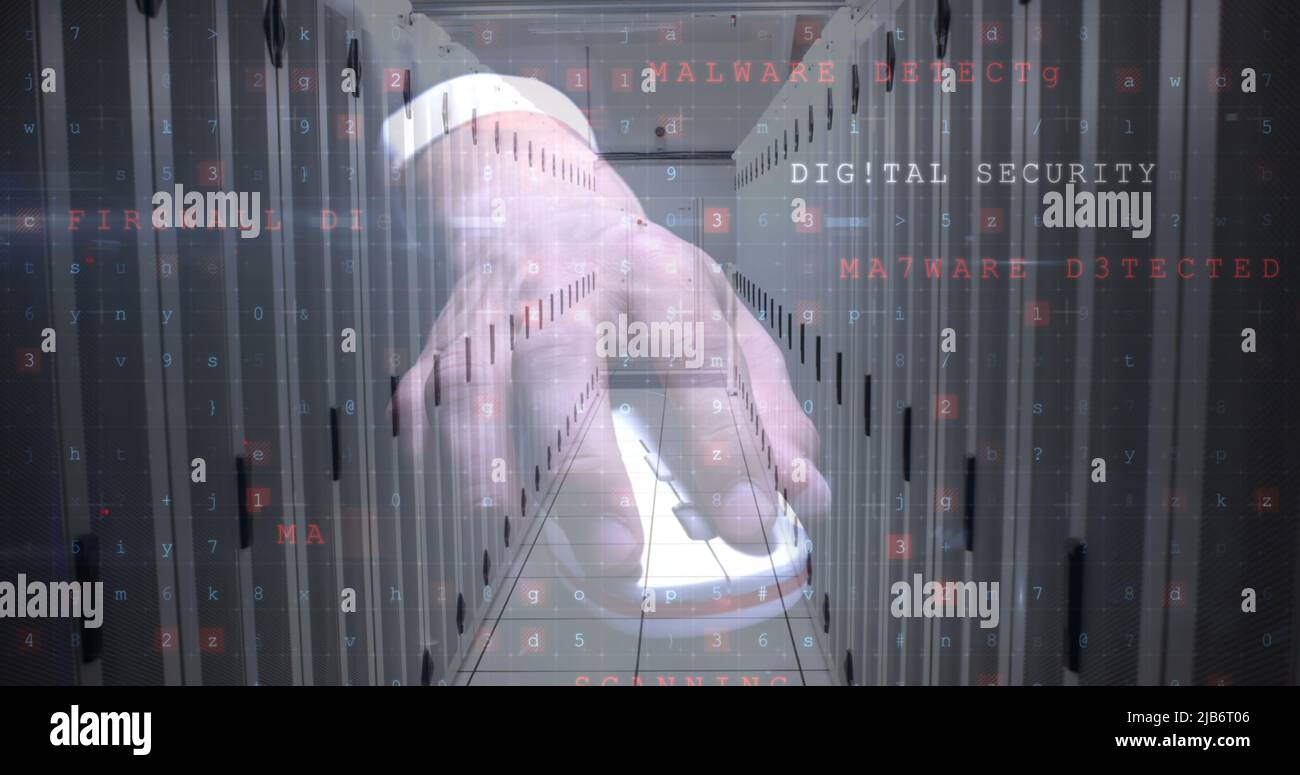 Image of data processing cyber attack warning over man using mouse and ...