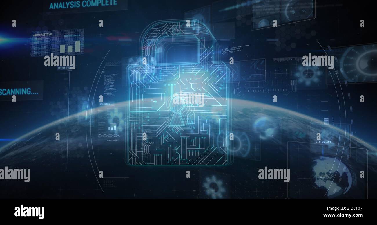 Image of online security padlock over scopes scanning and data processing Stock Photo - Alamy