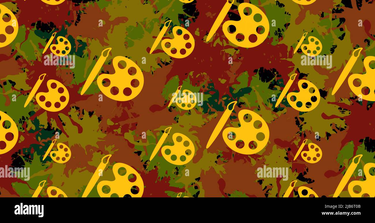 Image of colour palette icons over colourful stains on black background ...