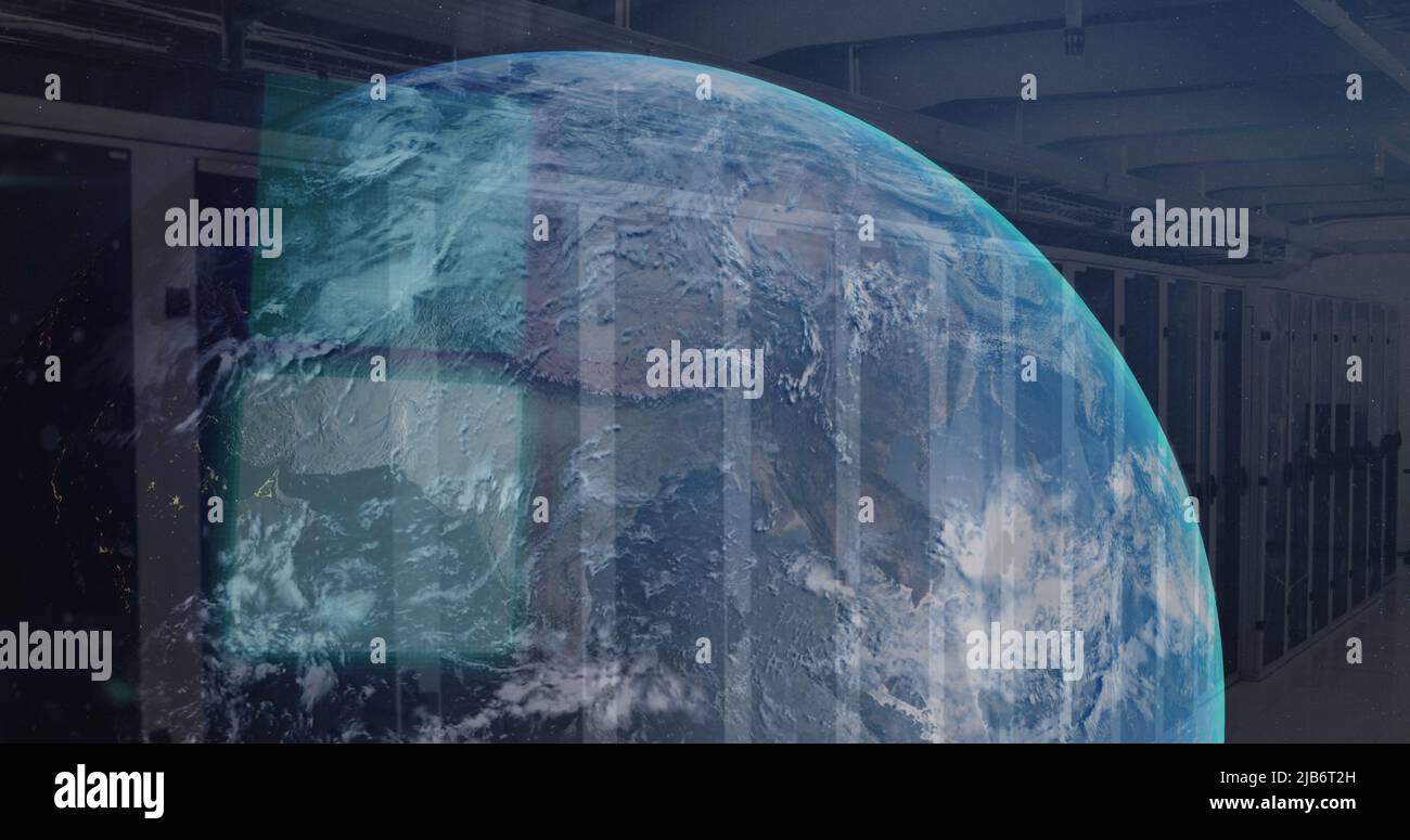 Data processing over spinning globe against computer server room Stock ...