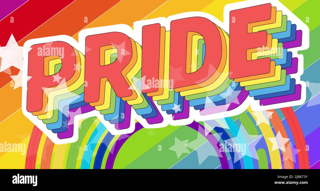 Image of stars over pride text on rainbow background Stock Photo - Alamy